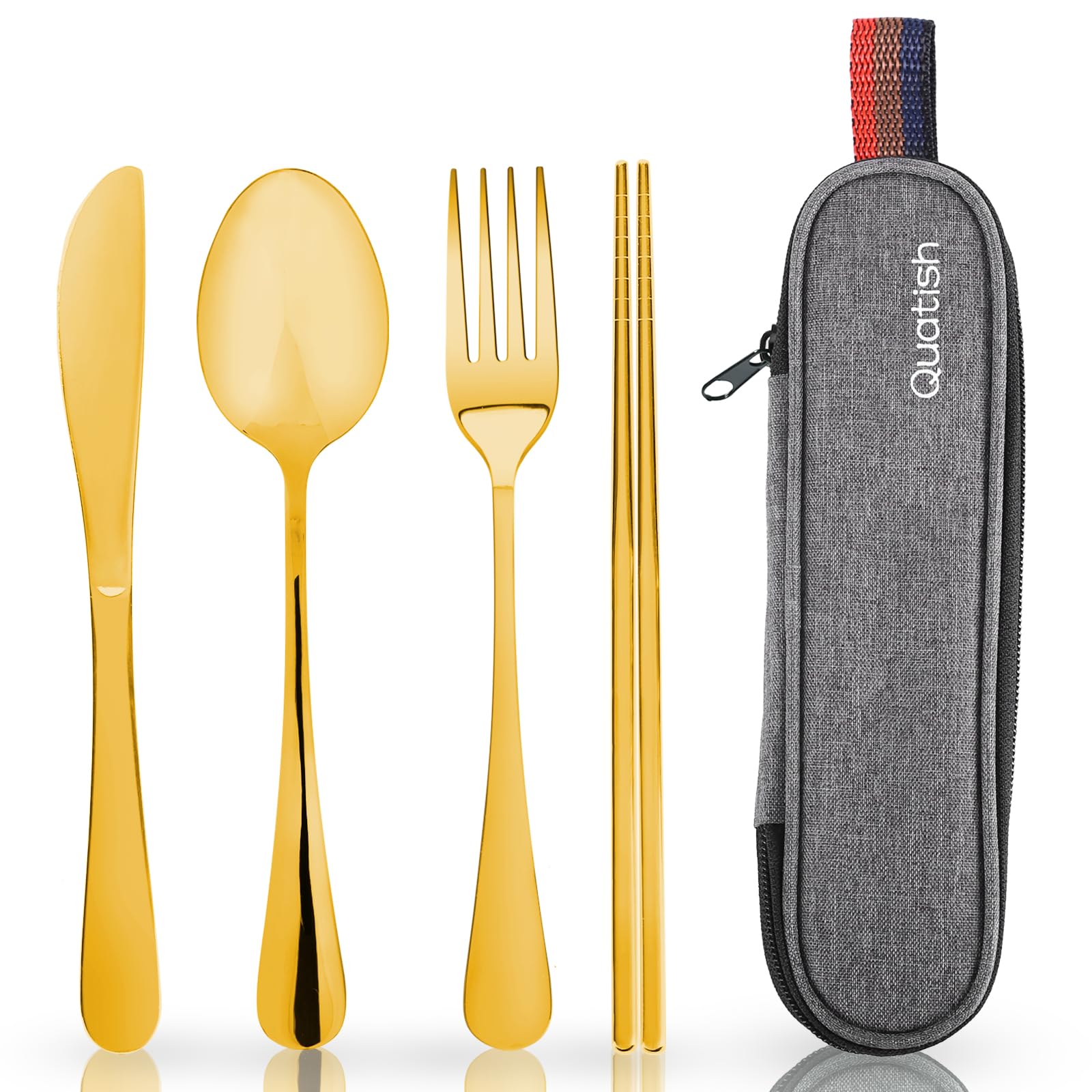 Travel Utensils with Case, Quatish Portable Silverware Set for Work, Stainless Steel Reusable Travel Cutlery Set, Fork and Spoon Set for Camping, Picnic, Gadgets, Lunch Box for Men, Gold