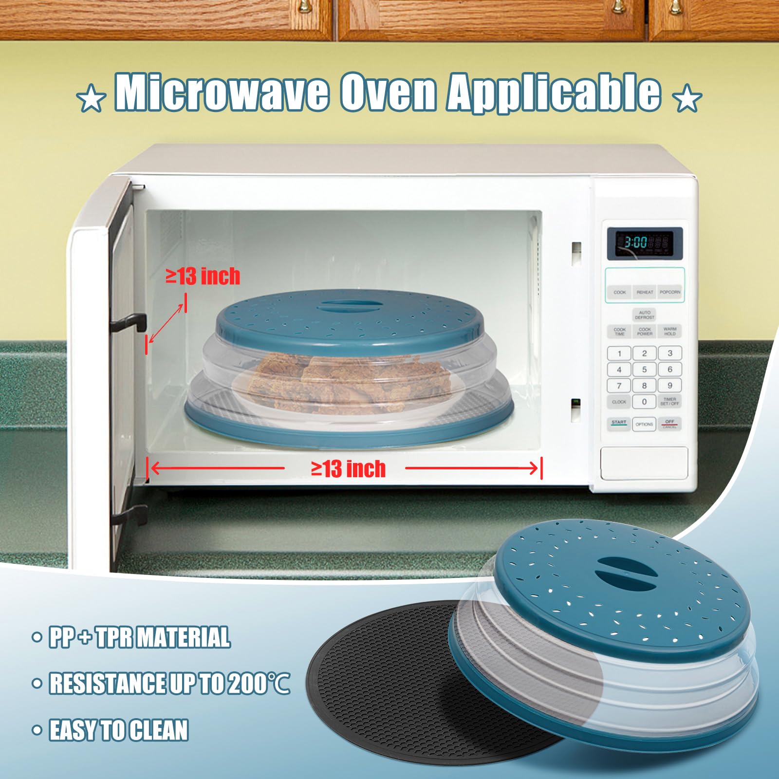 WENWELL Large Microwave Splatter Cover & Silicone Mat,12 Inchs Vented Collapsible Guard dish Plate lid & Round Kitchen mat for food