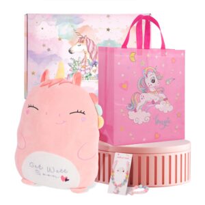 get well soon gift for kids, feel better gifts for kids, kids get well baskets care package box with balloon, necklace, bracelet & unicorn plush pillow, get well gifts for girls after surgery