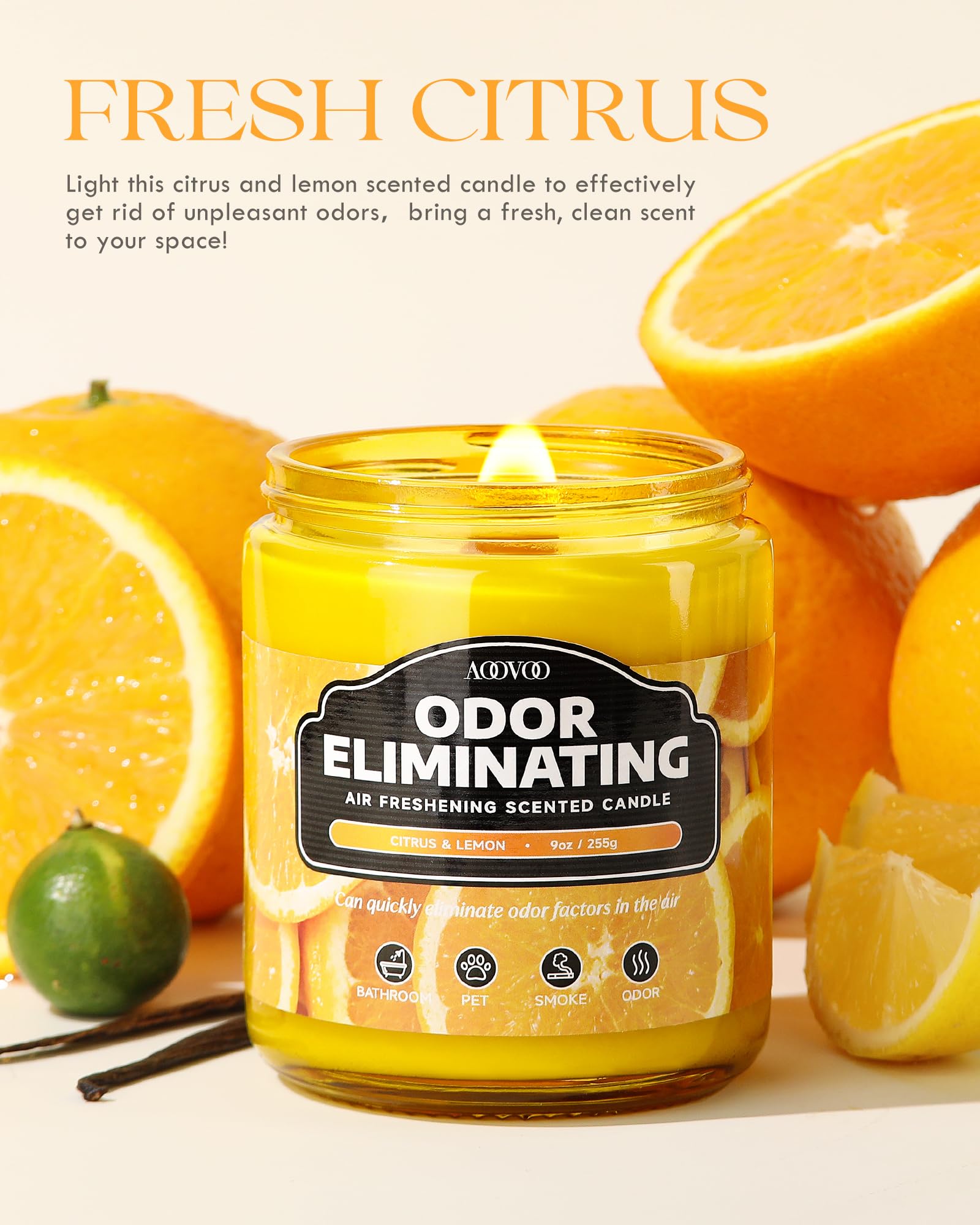 AOOVOO Citrus Lemon Odor Eliminating Highly Fragranced Candle - Eliminates 95% of Pet, Smoke, Food, and Other Smells Quickly, Wood Wick Air Freshing Soy Candle, 9 oz Up to 50 Hours Burn time