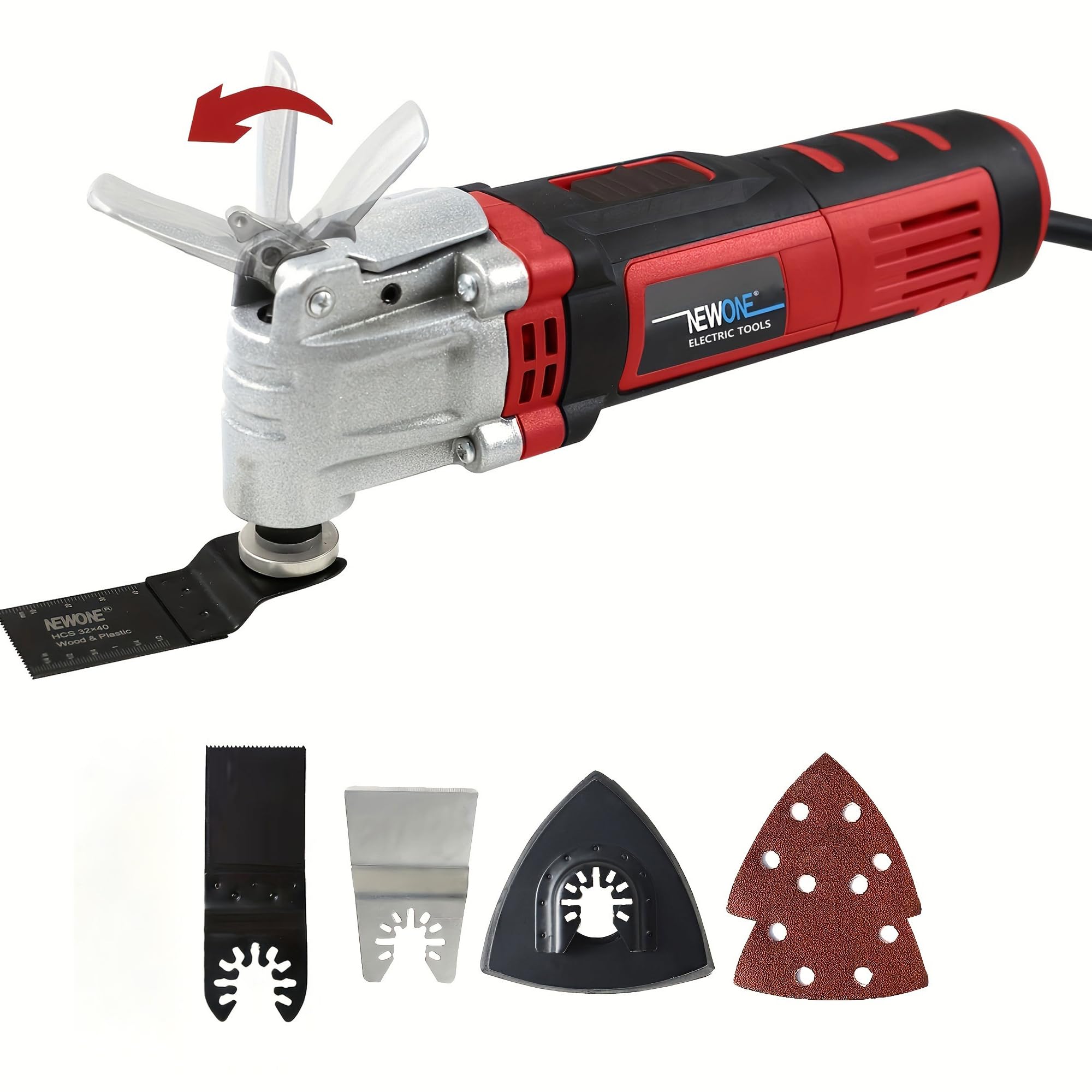 NEWONE Oscillating Tool 4 Amp Oscillating Multi-Tool Kit with 4° Oscillation Angle,6 Variable Speed with 5-piece Electric Multitool Blades & Box