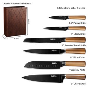 KOFERY Professional 6-Piece Kitchen Knife Set with Block, All Stainless Steel Ergonomic Handle, Sharp Kitchen Knives for Cooking (Black)