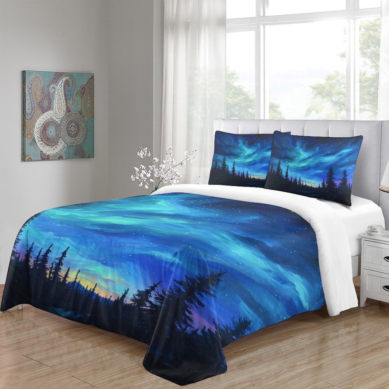 MIMIBEDDING Northern Lights for Boys Girls Comforter Covers 3D Print Blue Quilt Cover Duvet Cover with Pillow Cases Bedding Set Soft Microfiber with Zipper Closure 3 Pieces Queen（228x228cm）