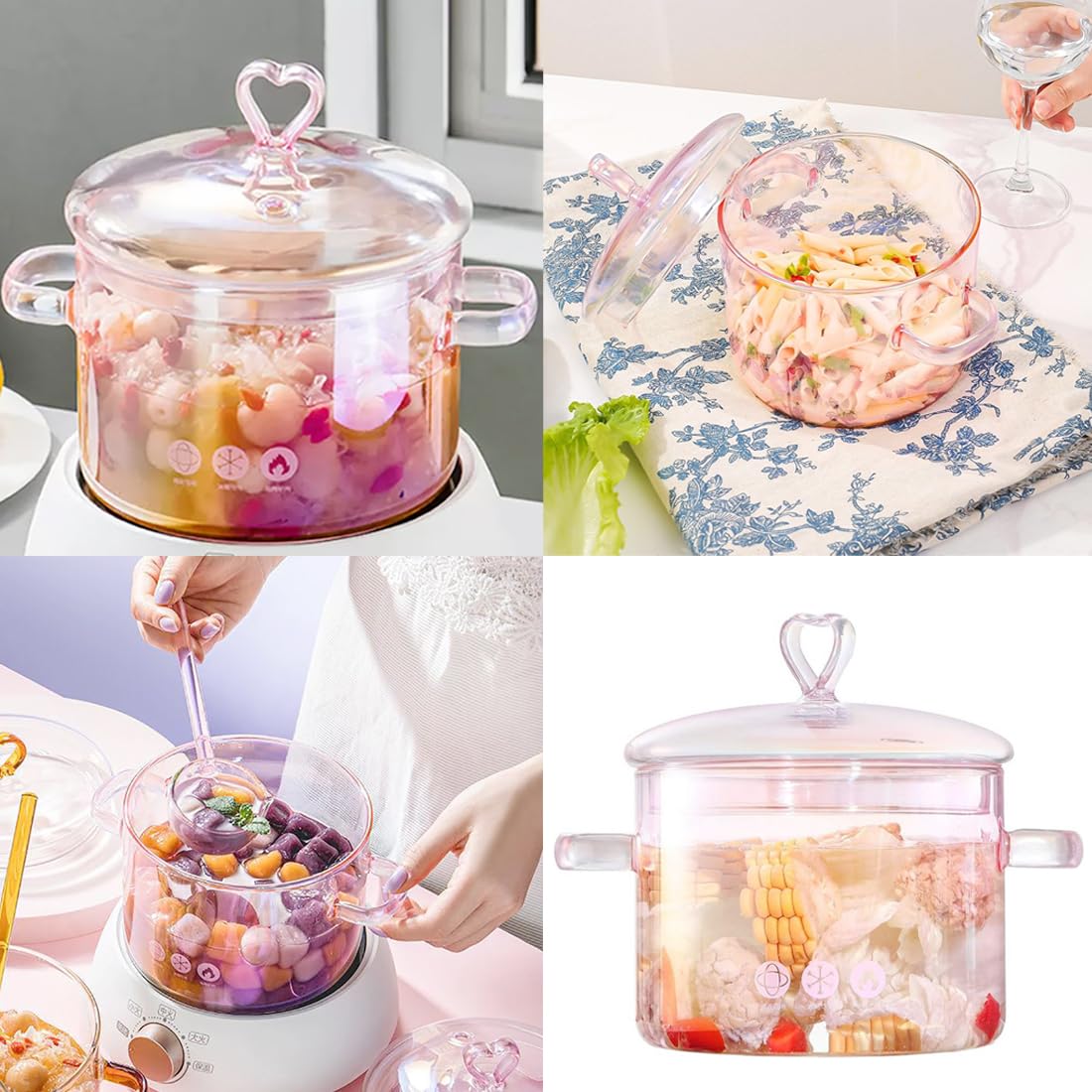 Pink Glass Saucepan, 2000ML/67OZ Glass Cooking Pot, Heart Shaped Clear Glass Stockpot with Lid for Soup, Milk, Baby Food, Noodle, Vegetable Soup Salad