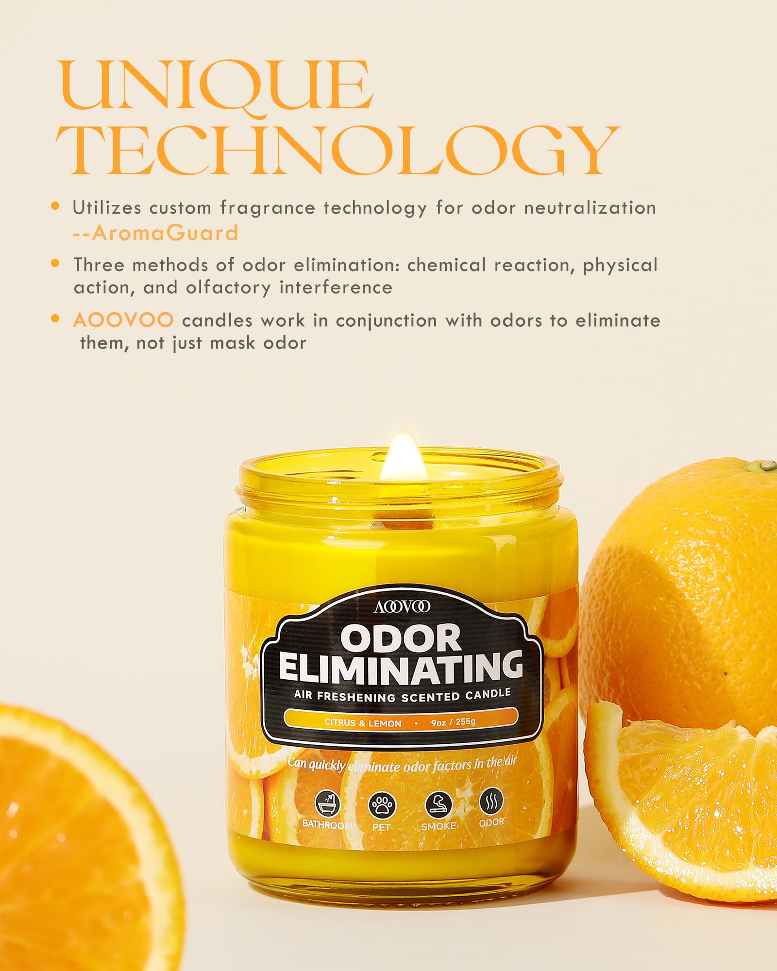 AOOVOO Citrus Lemon Odor Eliminating Highly Fragranced Candle - Eliminates 95% of Pet, Smoke, Food, and Other Smells Quickly, Wood Wick Air Freshing Soy Candle, 9 oz Up to 50 Hours Burn time