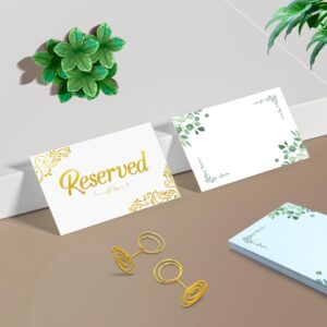 KAnduo 20 Pieces Double sided gold foil reserved card with bracket- Includes Free Green Leaf Blank Cards - Reserved Signs for Wedding, Chair and Table Signs, Reserved Seating Signs, White