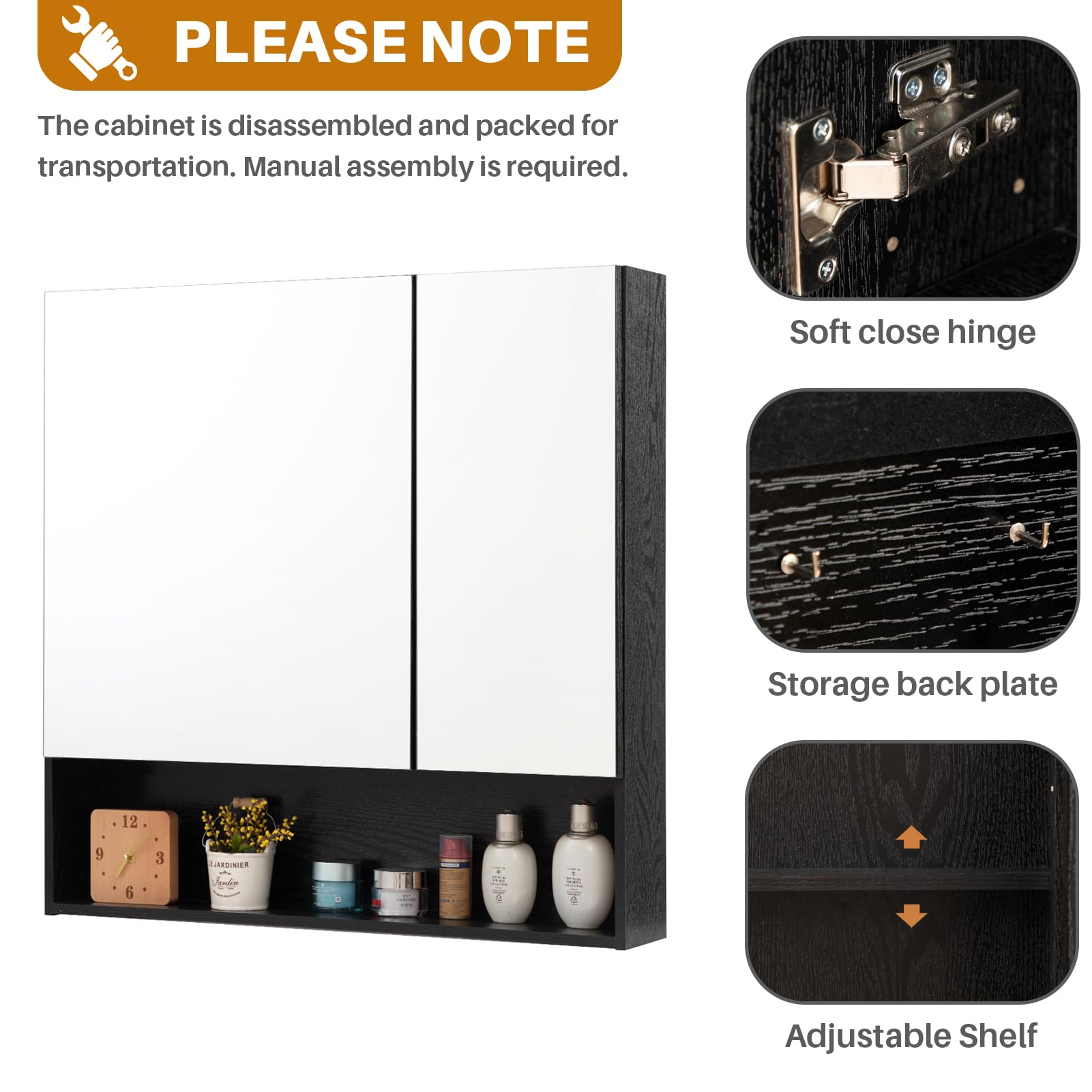 ALIMORDEN Medicine Cabinet with Mirror and Shelves, Bathroom Wall Cabinet with Jewelry Organizer, Vanity, Recessed or Surface Mount, 30.4" L x 29.5" H, Black