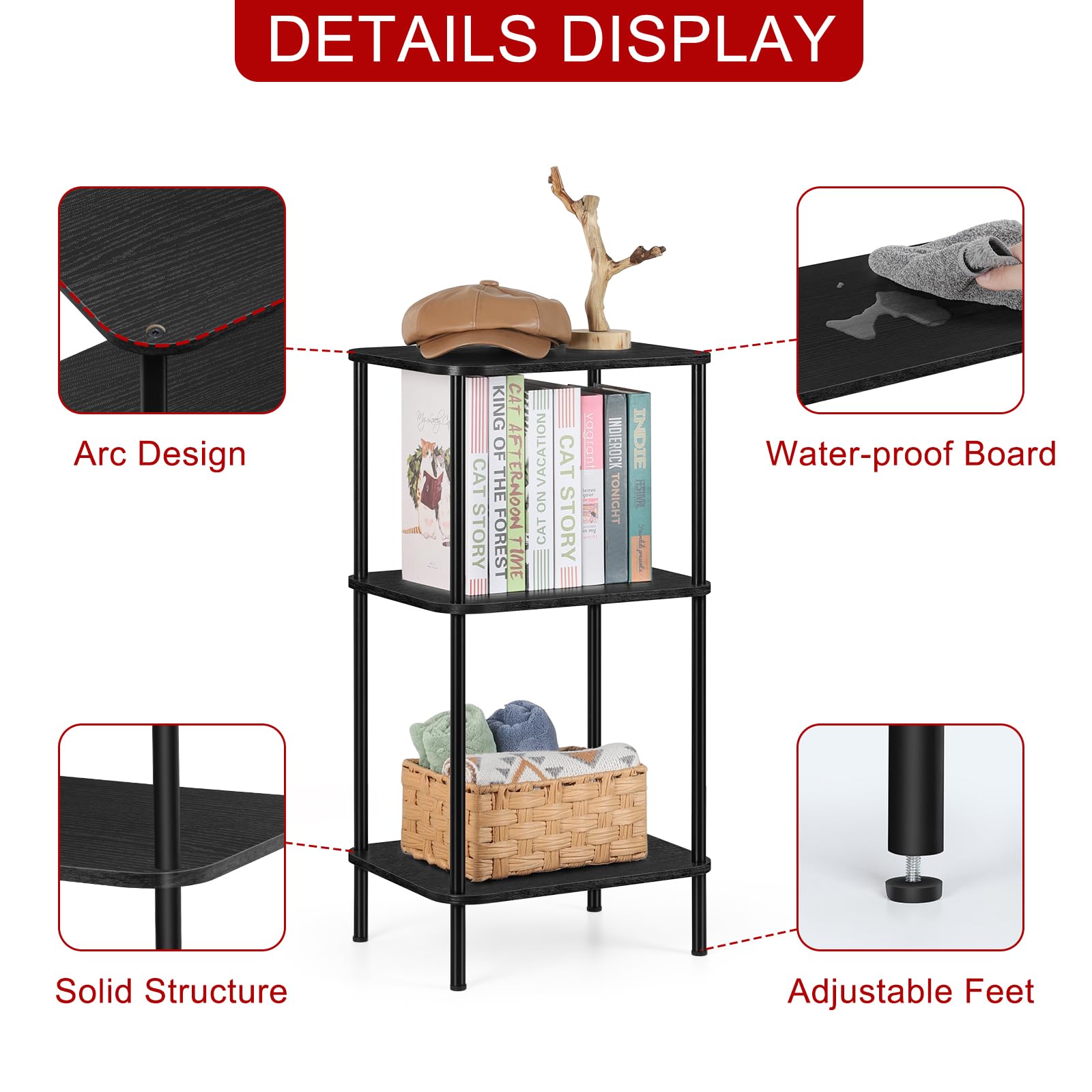 smusei 3 Tier Small End Table Tall Telephone Table with Storage Shelves Black Side Table for Small Spaces Tall Night Stand Table for Bedroom, Living Room, Office, Sofa Couch