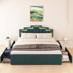 kallabe king size bed frame with 4 storage drawers, upholstered platform bed with led light and adjustable headboard, wooden slats support, no box spring needed, light luxury design，dark green