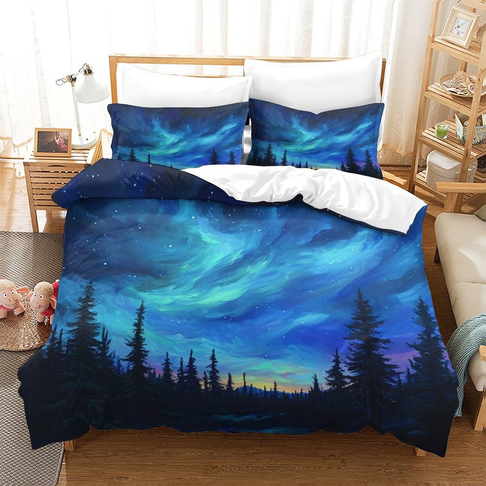 MIMIBEDDING Northern Lights for Boys Girls Comforter Covers 3D Print Blue Quilt Cover Duvet Cover with Pillow Cases Bedding Set Soft Microfiber with Zipper Closure 3 Pieces Queen（228x228cm）