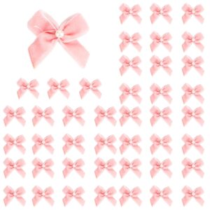 meseey 60pcs mini velevt ribbon bows 1 inch with pearl ribbon flowers appliques diy craft for sewing, scrapbooking, wedding, gift,christmas decoration (pink)