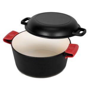 kitchen academy 5qt enameled cast iron dutch oven pot with skillet lid for bread, frying, baking, camping, bbq, 2-in-1 non stick enamel coated cookware, oven safe up to 500° f (black)