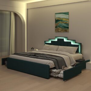 Kallabe King Size Bed Frame with 4 Storage Drawers, Upholstered Platform Bed with LED Light and Adjustable Headboard, Wooden Slats Support, No Box Spring Needed, Light Luxury Design，Dark Green