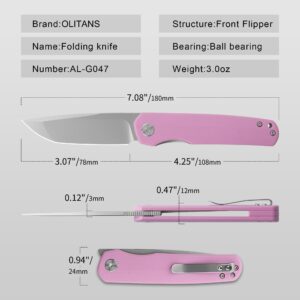 OLITANS G047 Front Flipper Folding Knife 3.0" Sandvik 14C28N Blade White G10 Handle Camping Pocket Knife With Deep Carry Clip Outdoor EDC (Pink W)