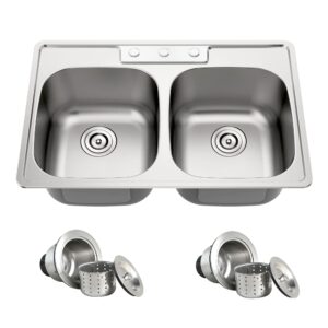 Blenzia 33 Inch Double Bowl Kitchen Sink Topmount 50/50 Drop In 18 Gauge 304 Stainless Steel Sinks with Basket Strainer 33” x 22” x 9”