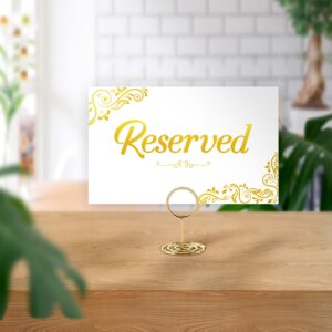 KAnduo 20 Pieces Double sided gold foil reserved card with bracket- Includes Free Green Leaf Blank Cards - Reserved Signs for Wedding, Chair and Table Signs, Reserved Seating Signs, White