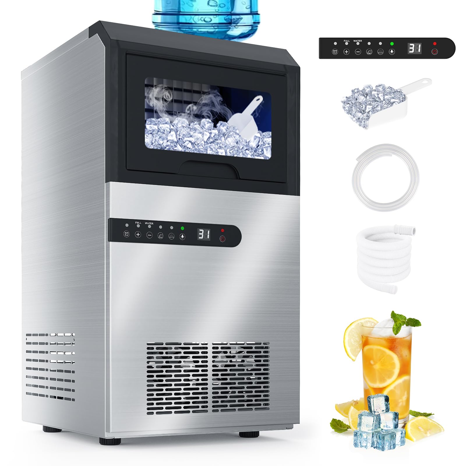 ADVWIN Commercial Ice Maker Machine, 100Lbs/24H with 33Lbs Storage Bin, 45Pcs Clear Ice Cubes in 5Mins, 2-Way Add Water, Under Counter Freestanding Ice Maker for Home