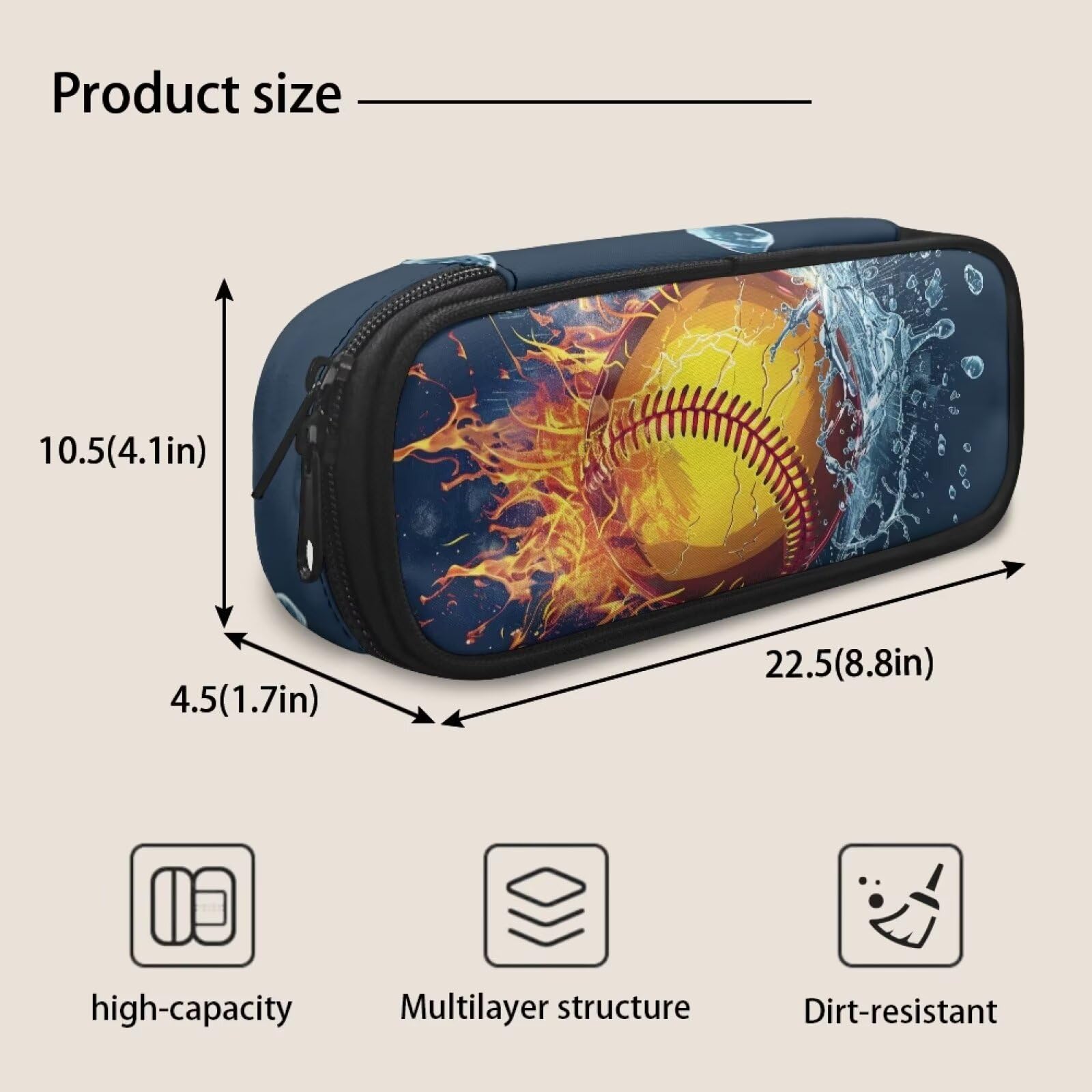 STUOARTE Large Capacity Pencil Pen Case Bag for Boys Girls, Water Fire Softball Printed Simple Pen Pouch Bag Pencil Box with Zipper, Aesthetic Pen Organizer Bag for School College Office Adults