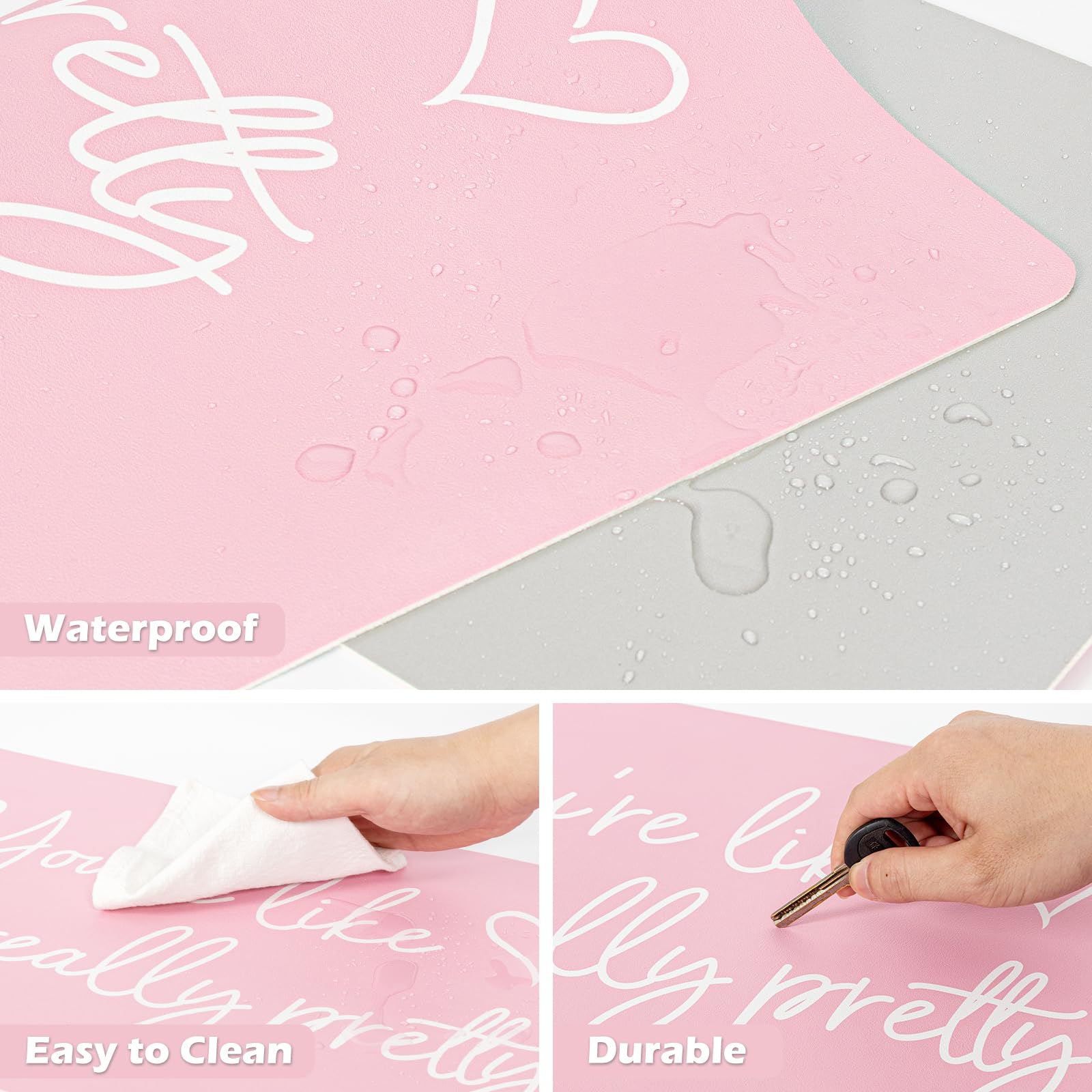 Makeup Mat for Vanity, Dual-Sided Vanity Top Protector Mat Waterproof Dressing Desk Makeup Table Cover Mat You're Like Really Pretty (Baby Pink/Silver, 23.6"x11.8")