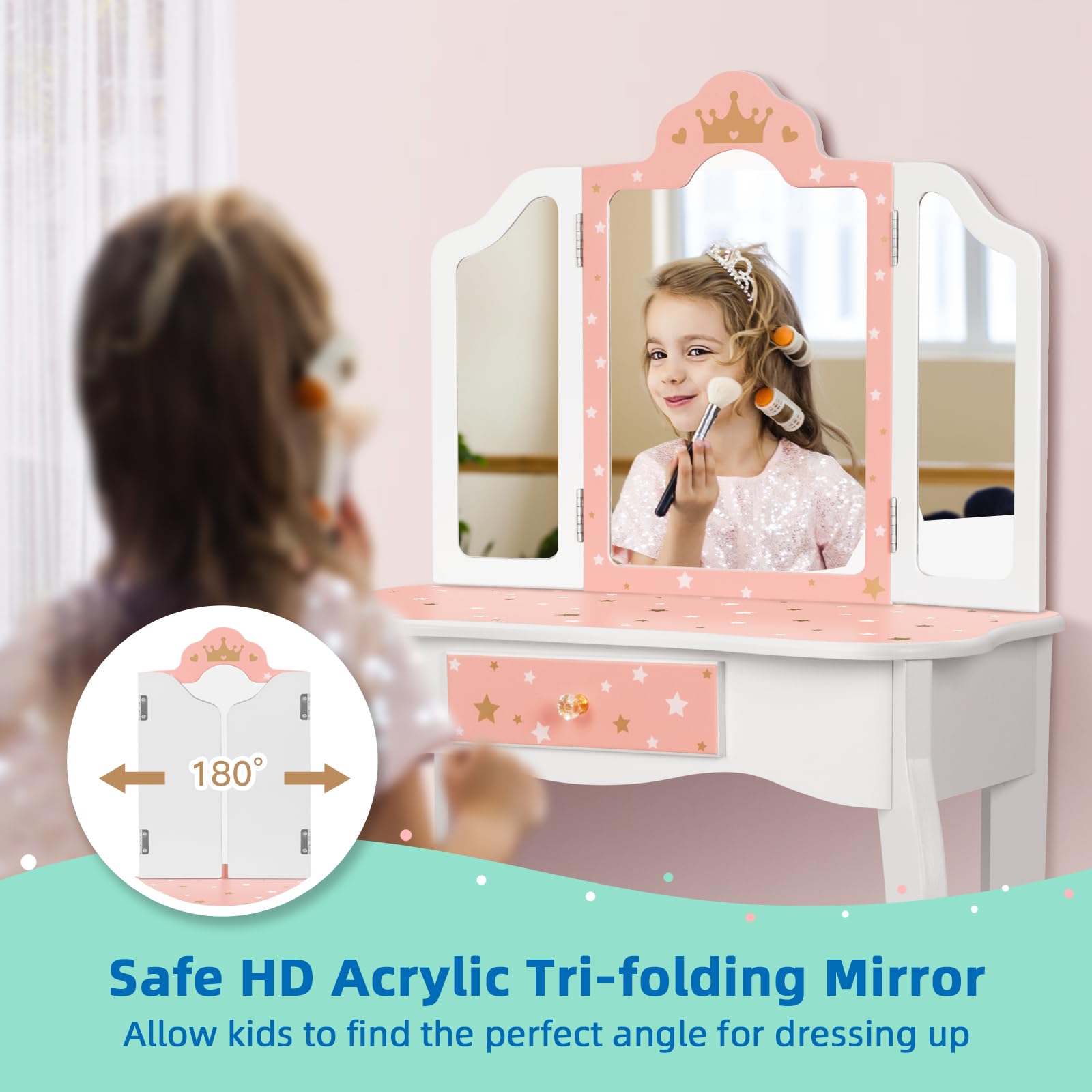 OOOK Kids Vanity Set, Girls Vanity Set with Mirror and Stool, Makeup Vanity Dressing Table for Kids, Premium Child Vanity Set as Gift, Wooden Pretend Kids Vanity Set for Little Princess.