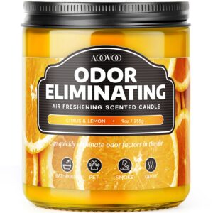 aoovoo citrus lemon odor eliminating highly fragranced candle - eliminates 95% of pet, smoke, food, and other smells quickly, wood wick air freshing soy candle, 9 oz up to 50 hours burn time