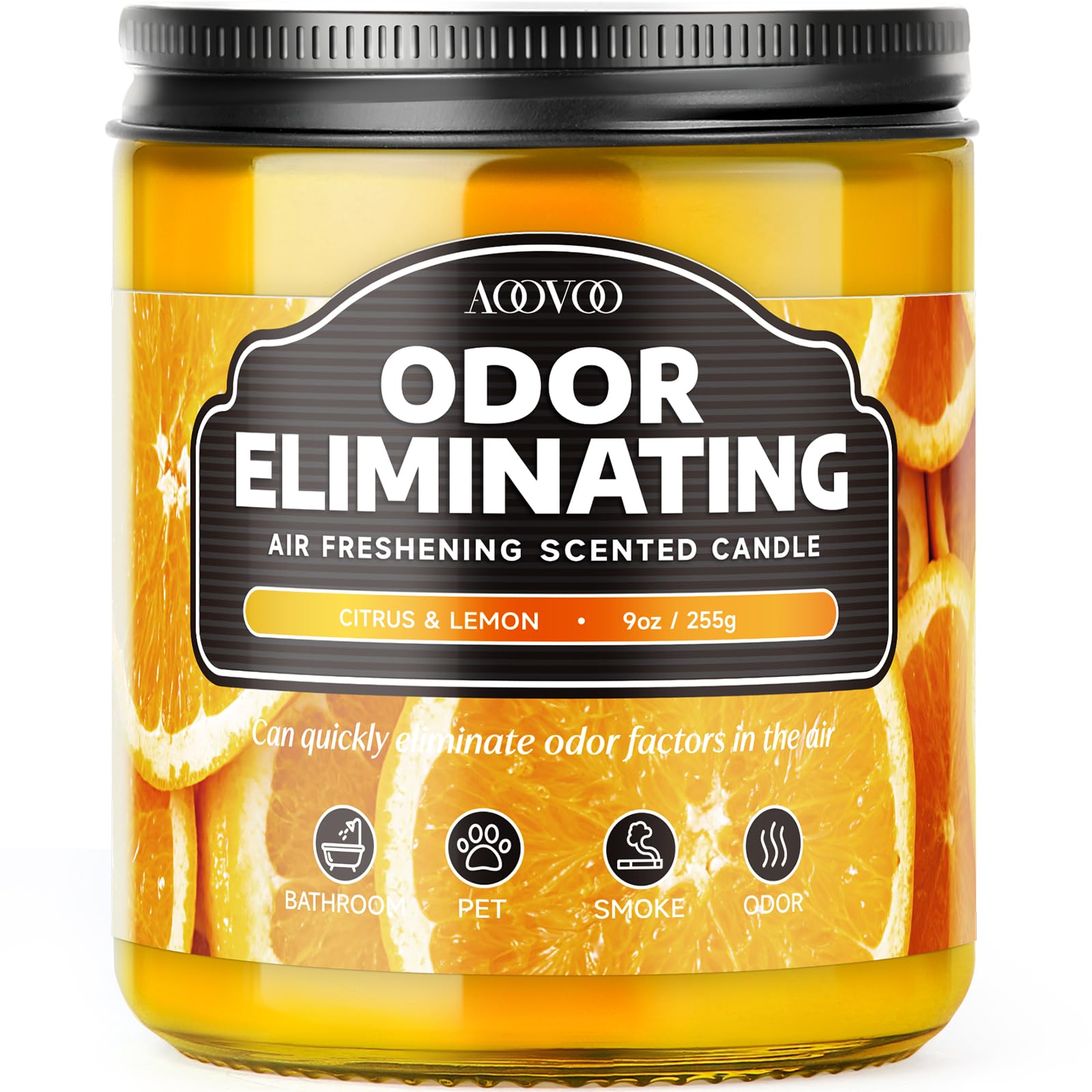 AOOVOO Citrus Lemon Odor Eliminating Highly Fragranced Candle - Eliminates 95% of Pet, Smoke, Food, and Other Smells Quickly, Wood Wick Air Freshing Soy Candle, 9 oz Up to 50 Hours Burn time