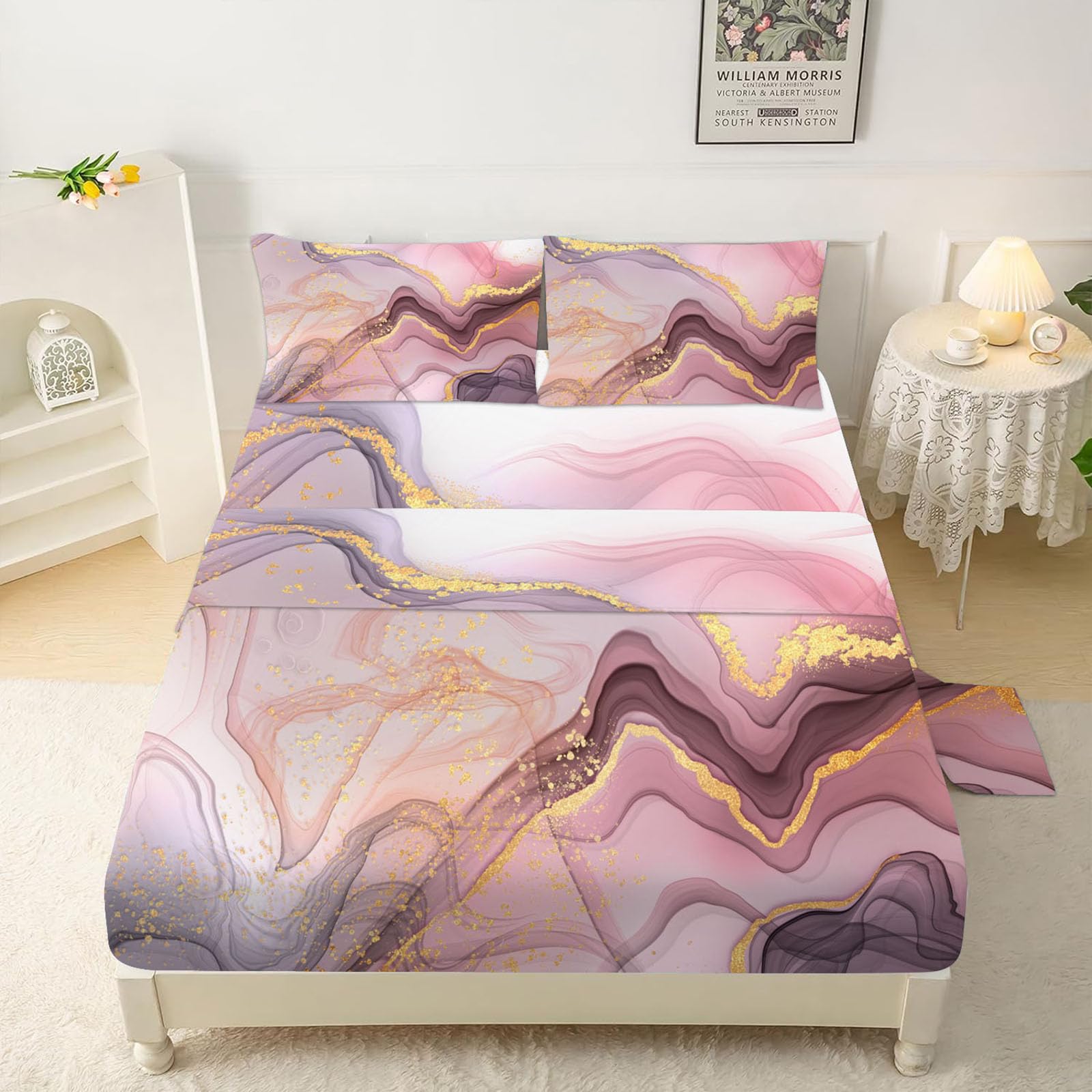 VTKON Kids Queen Pink Marble Sheets Set Soft Microfiber Kids Bed Sheets Girls Marble Bedding Set Adults Aesthetic Pink and Gold Bedding Set with 1 Fitted Sheet 1 Flat Sheet and 2 Pillowcases