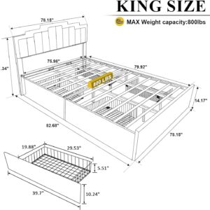 Kallabe King Size Bed Frame with 4 Storage Drawers, Upholstered Platform Bed with LED Light and Adjustable Headboard, Wooden Slats Support, No Box Spring Needed, Light Luxury Design，Dark Green