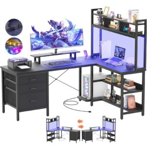 aheaplus l shaped desk with hutch, gaming desk with led lights, reversible computer desk with power outlet, corner desk with file drawer & monitor stand, storage shelves for home office, black