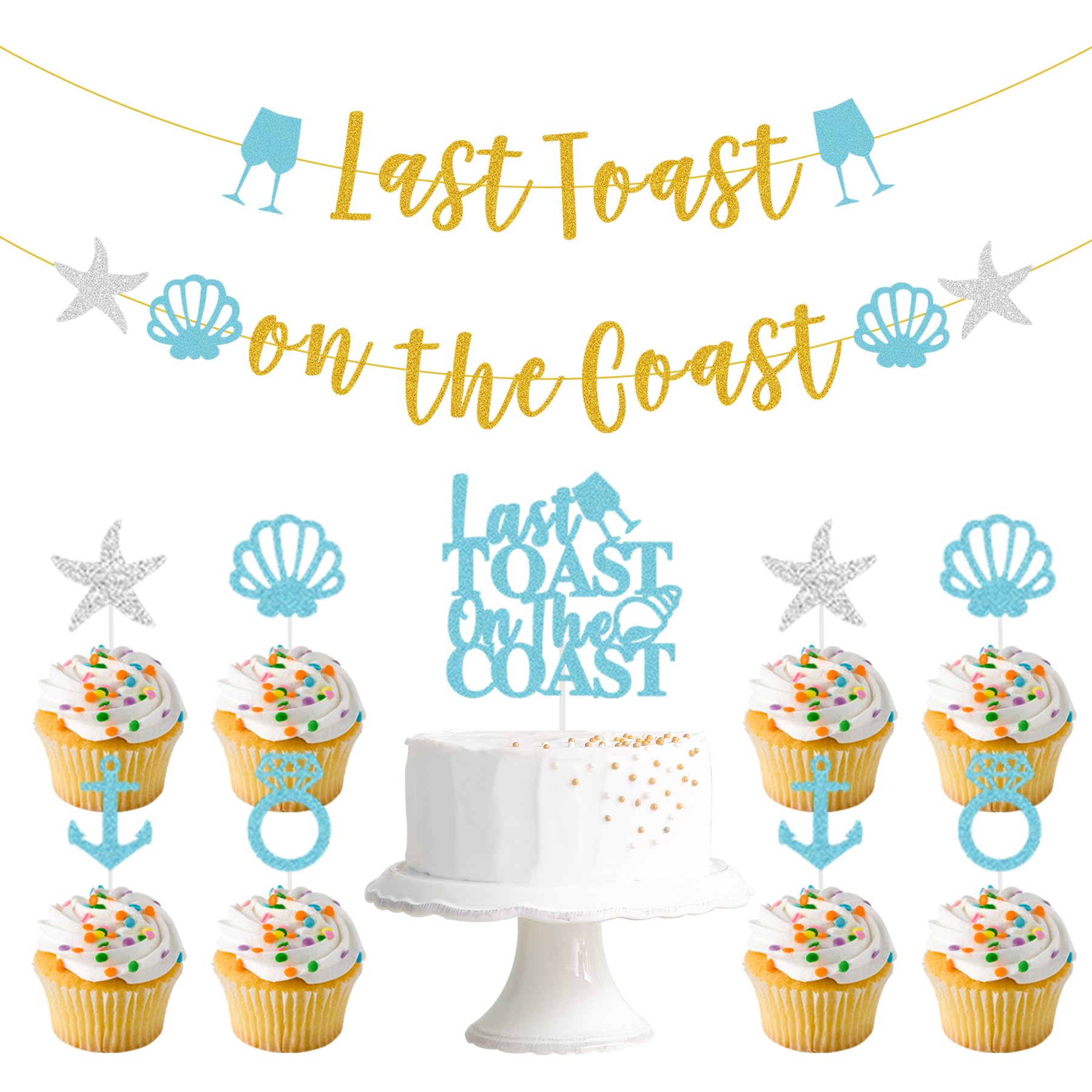 Last Toast on the Coast Bachelorette Decorations - Last Toast On The Coast Banner Cake Cupcake Toppers, Bachelorette Party Banner Garland Blue for Bridal Shower Decorations Party Supplies