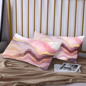 VTKON Kids Queen Pink Marble Sheets Set Soft Microfiber Kids Bed Sheets Girls Marble Bedding Set Adults Aesthetic Pink and Gold Bedding Set with 1 Fitted Sheet 1 Flat Sheet and 2 Pillowcases