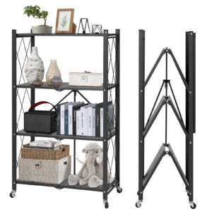 garprovm foldable storage shelf metal rock storage shelving units organizer shelves with wheels great for home garage kitchen bakers, black (4 tier)