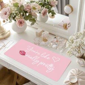 makeup mat for vanity, dual-sided vanity top protector mat waterproof dressing desk makeup table cover mat you're like really pretty (baby pink/silver, 23.6"x11.8")