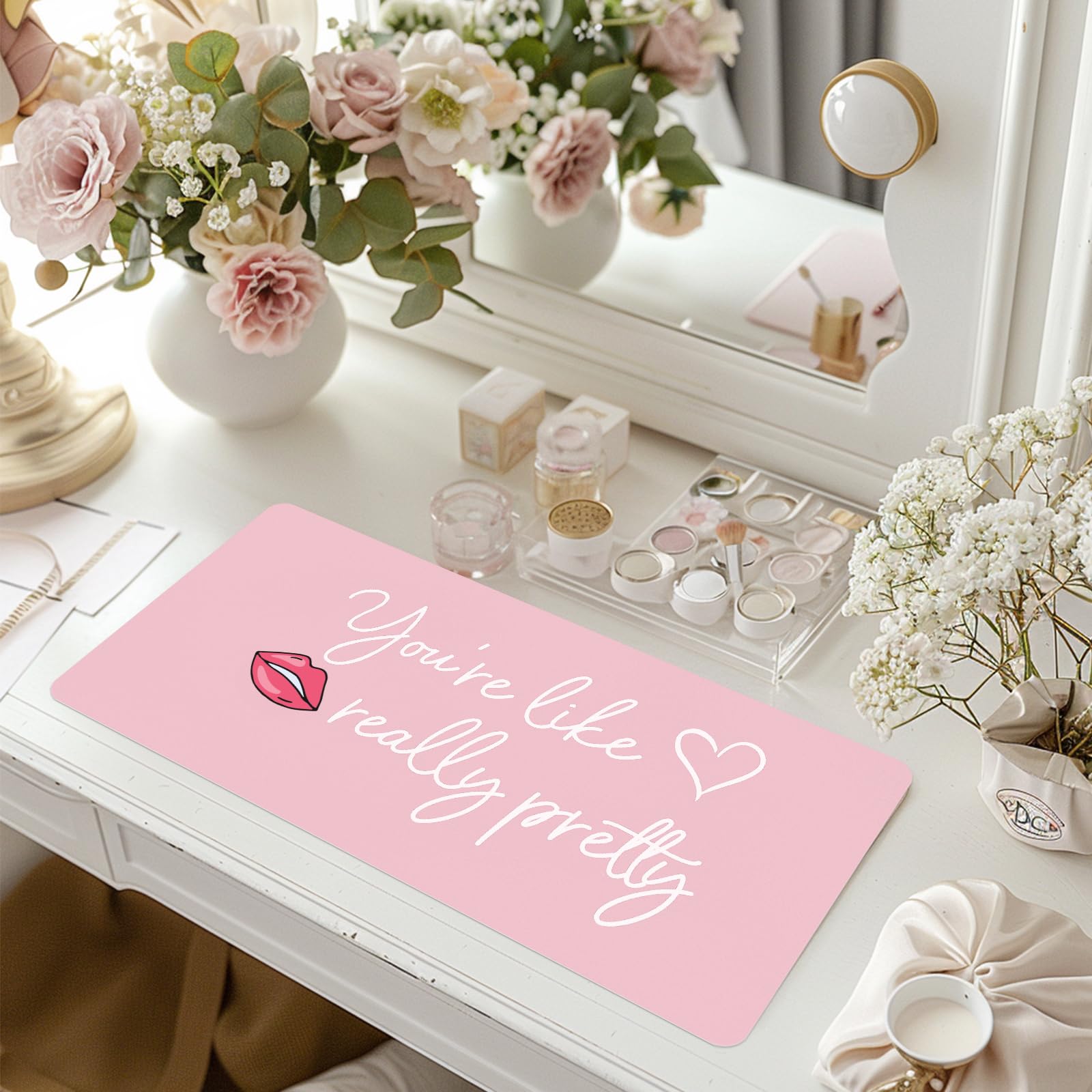 Makeup Mat for Vanity, Dual-Sided Vanity Top Protector Mat Waterproof Dressing Desk Makeup Table Cover Mat You're Like Really Pretty (Baby Pink/Silver, 23.6"x11.8")