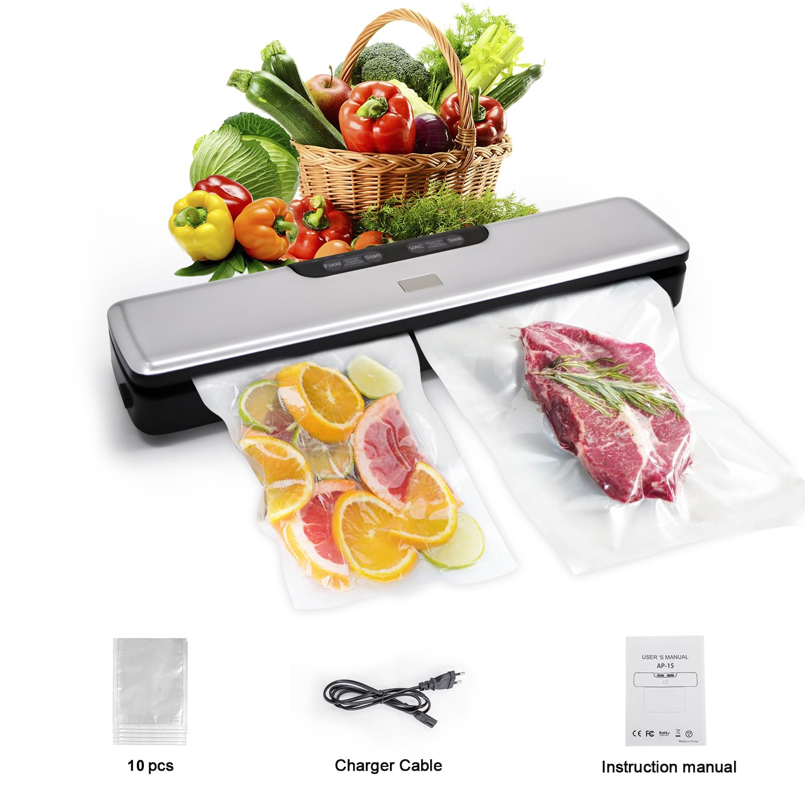 Flyfox Vacuum Sealer Machine - Strong, Multi-functional, and Fast Compact for Multi Food Storage with Low Noise, includes Vac, Sealer, Meat, Dry, Soft, 5 Modes with Vacuum Seal Bags