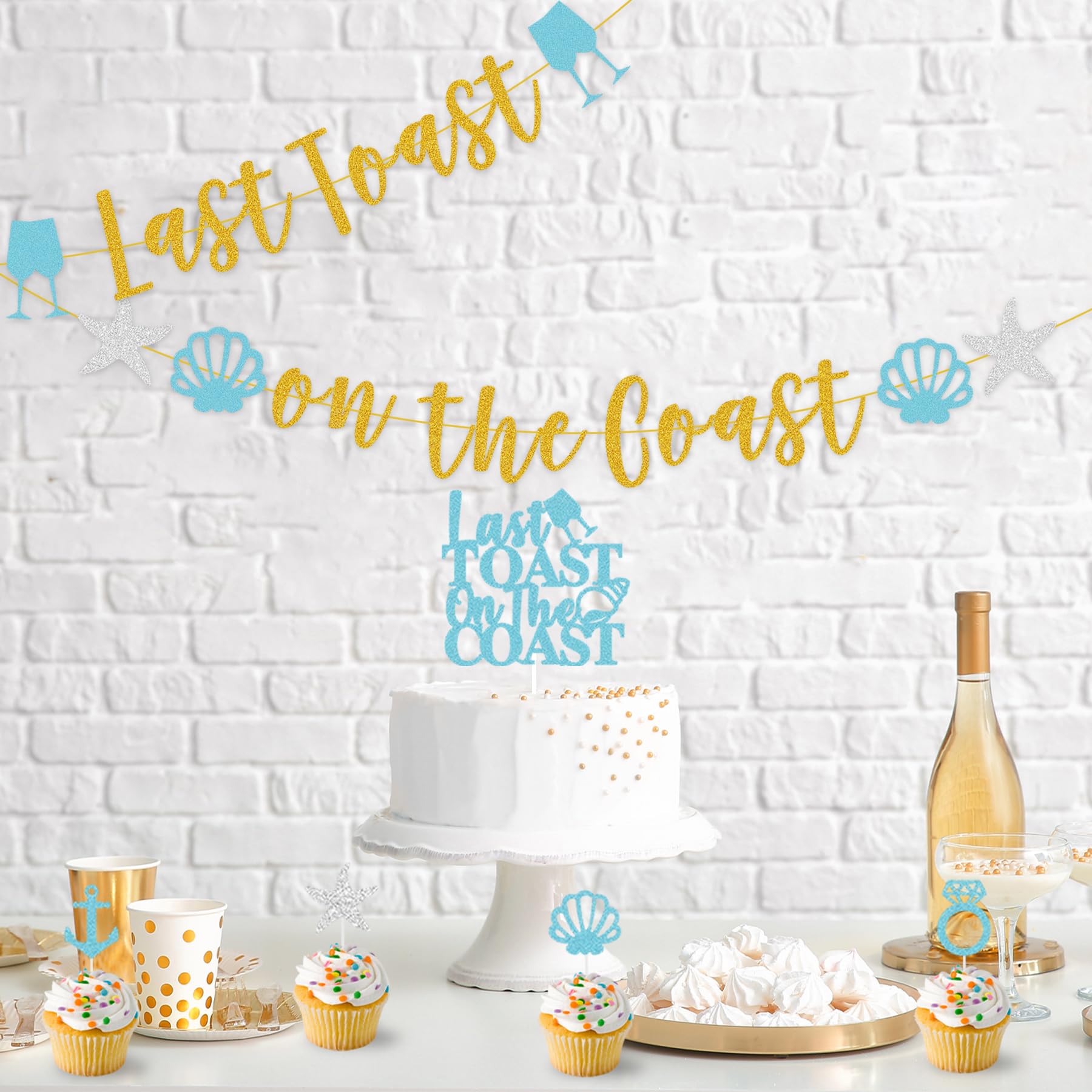 Last Toast on the Coast Bachelorette Decorations - Last Toast On The Coast Banner Cake Cupcake Toppers, Bachelorette Party Banner Garland Blue for Bridal Shower Decorations Party Supplies