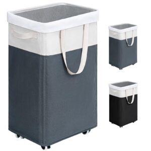 goodpick laundry basket with wheels, 75l collapsible tall laundry hamper, large laundry basket with removable wash bag for corner dorm, rolling slim laundry basket on wheels, grey&white