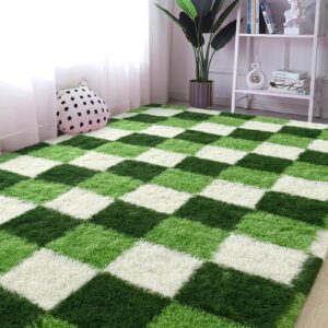 Zedrew Shag Area Rug, 4x6 ft Deep Green White Fluffy Rugs for Bedroom Living room, Soft Shaggy Modern Indoor Carpets, Cute Plush Rugs for Kids Girls Room Nursery, High Pile Throw Rug for Home Decor