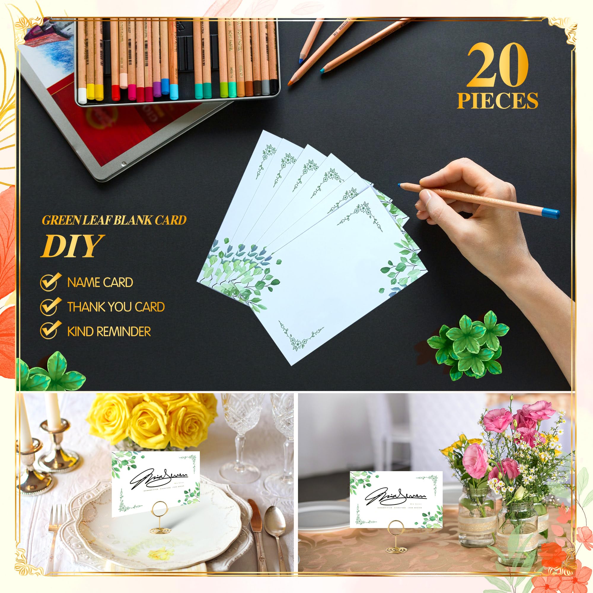 KAnduo 20 Pieces Double sided gold foil reserved card with bracket- Includes Free Green Leaf Blank Cards - Reserved Signs for Wedding, Chair and Table Signs, Reserved Seating Signs, White