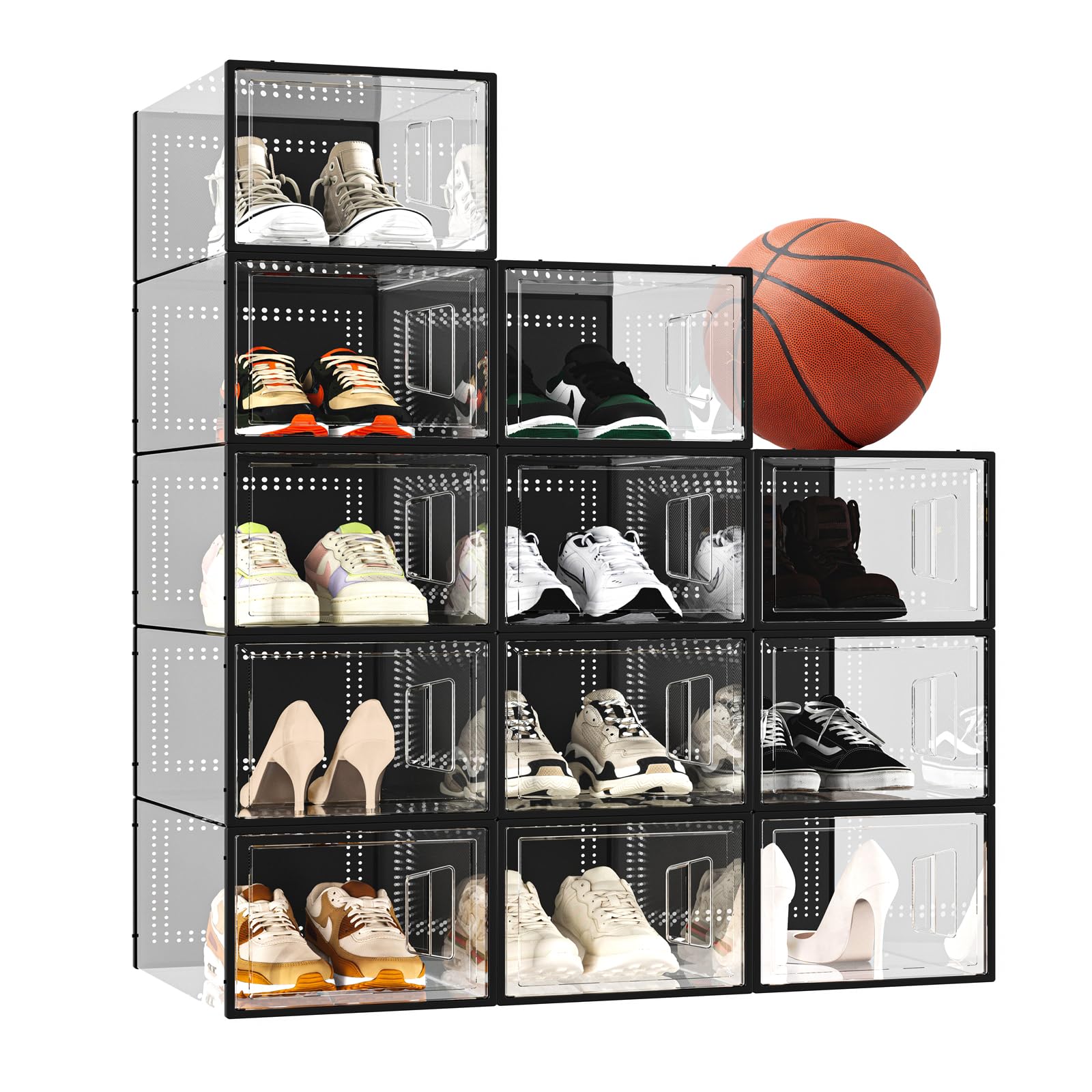 ZZCZZ X-Large Shoe Storage Boxes 12 Pack, Shoe Organizer for Closet, Clear Plastic Substitute Shoe Rack Foldable Durable, Fit for Women/Men High-top shoes, black