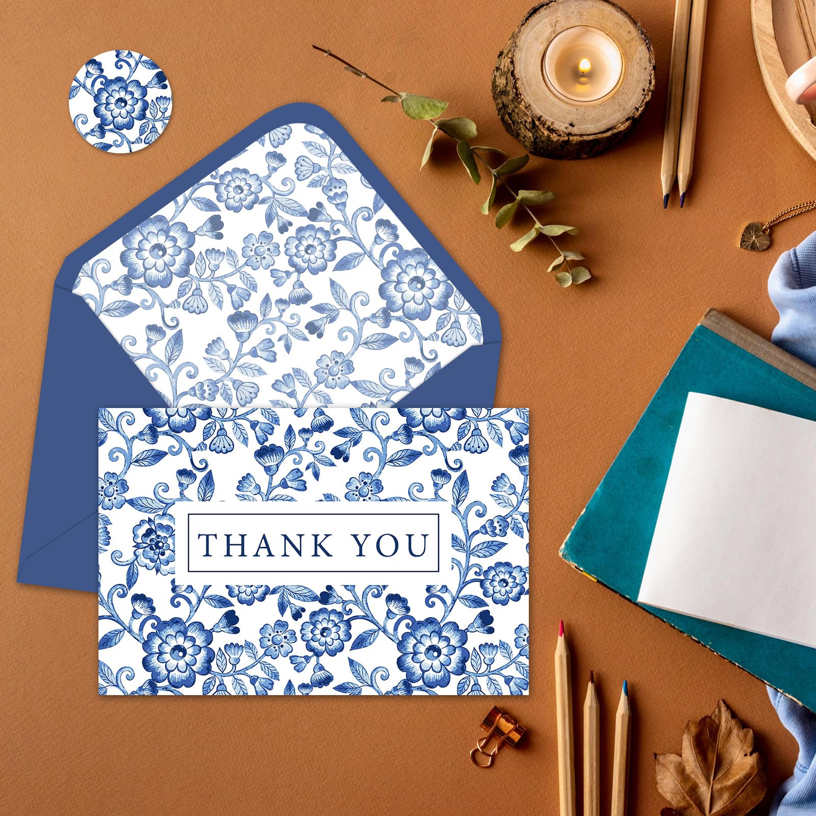 Whaline 24 Packs Floral Thank You Cards Blue White Chinoiserie Flower Greeting Cards Blank Note Cards with Envelopes and Stickers for Wedding Birthday Baby Shower Party, 4 x 6 Inch