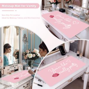 Makeup Mat for Vanity, Dual-Sided Vanity Top Protector Mat Waterproof Dressing Desk Makeup Table Cover Mat You're Like Really Pretty (Baby Pink/Silver, 23.6"x11.8")