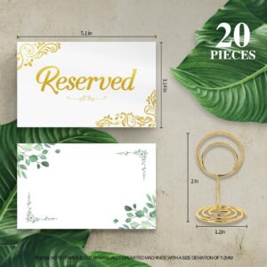 KAnduo 20 Pieces Double sided gold foil reserved card with bracket- Includes Free Green Leaf Blank Cards - Reserved Signs for Wedding, Chair and Table Signs, Reserved Seating Signs, White