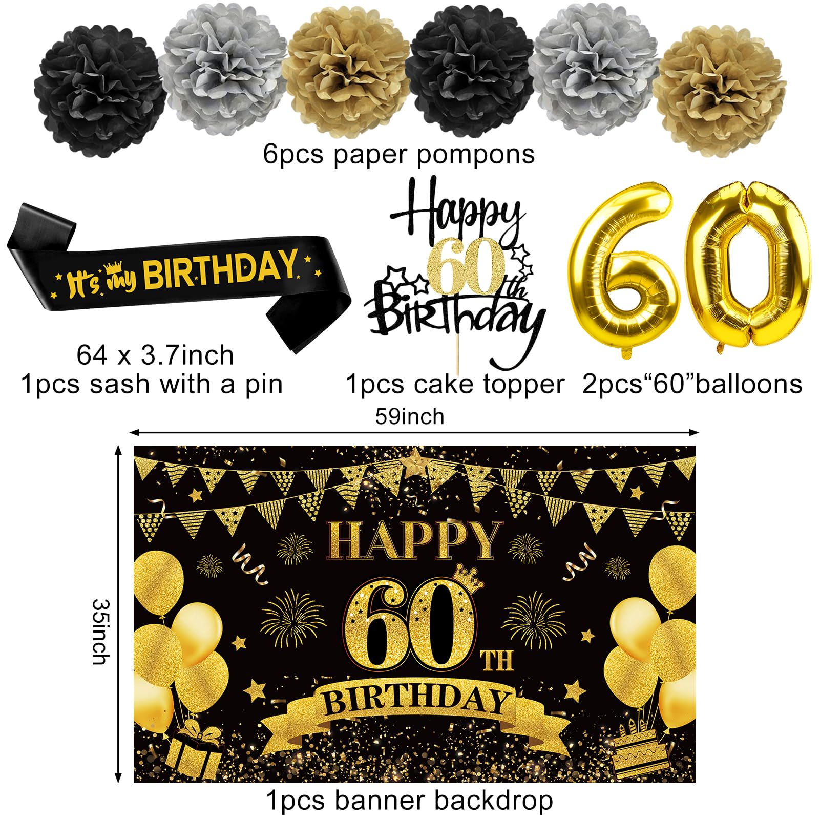 Eucutur 42PCS 60th Birthday Decoration Kit for Men Women, Black Gold Happy 60th Bday Banner Balloons Honeycomb Centerpiece Swirl Paper Pompoms Party Supplies, 60 Bday Sash Table Cake Topper Swirls Set