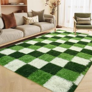 Zedrew Shag Area Rug, 4x6 ft Deep Green White Fluffy Rugs for Bedroom Living room, Soft Shaggy Modern Indoor Carpets, Cute Plush Rugs for Kids Girls Room Nursery, High Pile Throw Rug for Home Decor