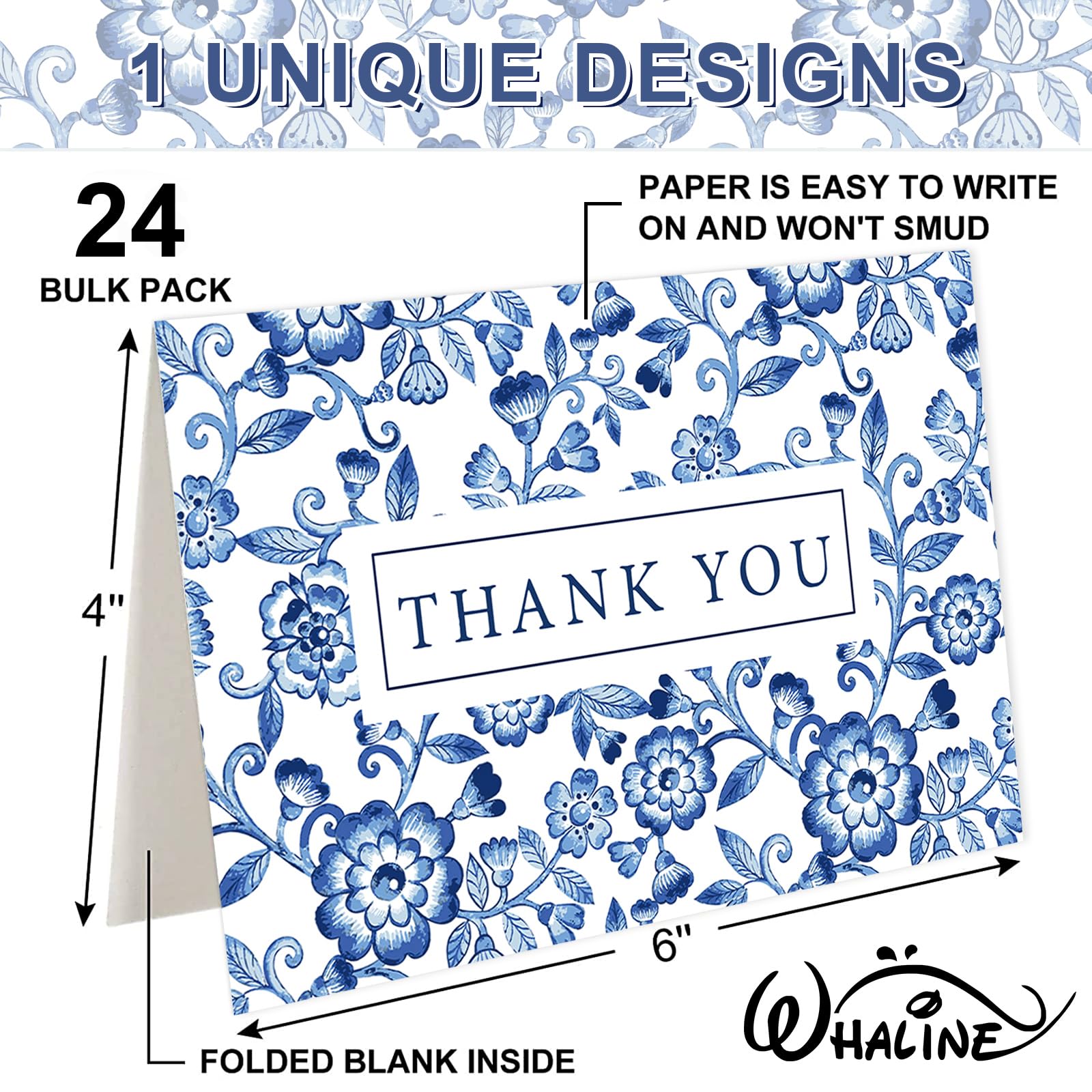 Whaline 24 Packs Floral Thank You Cards Blue White Chinoiserie Flower Greeting Cards Blank Note Cards with Envelopes and Stickers for Wedding Birthday Baby Shower Party, 4 x 6 Inch