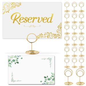 kanduo 20 pieces double sided gold foil reserved card with bracket- includes free green leaf blank cards - reserved signs for wedding, chair and table signs, reserved seating signs, white