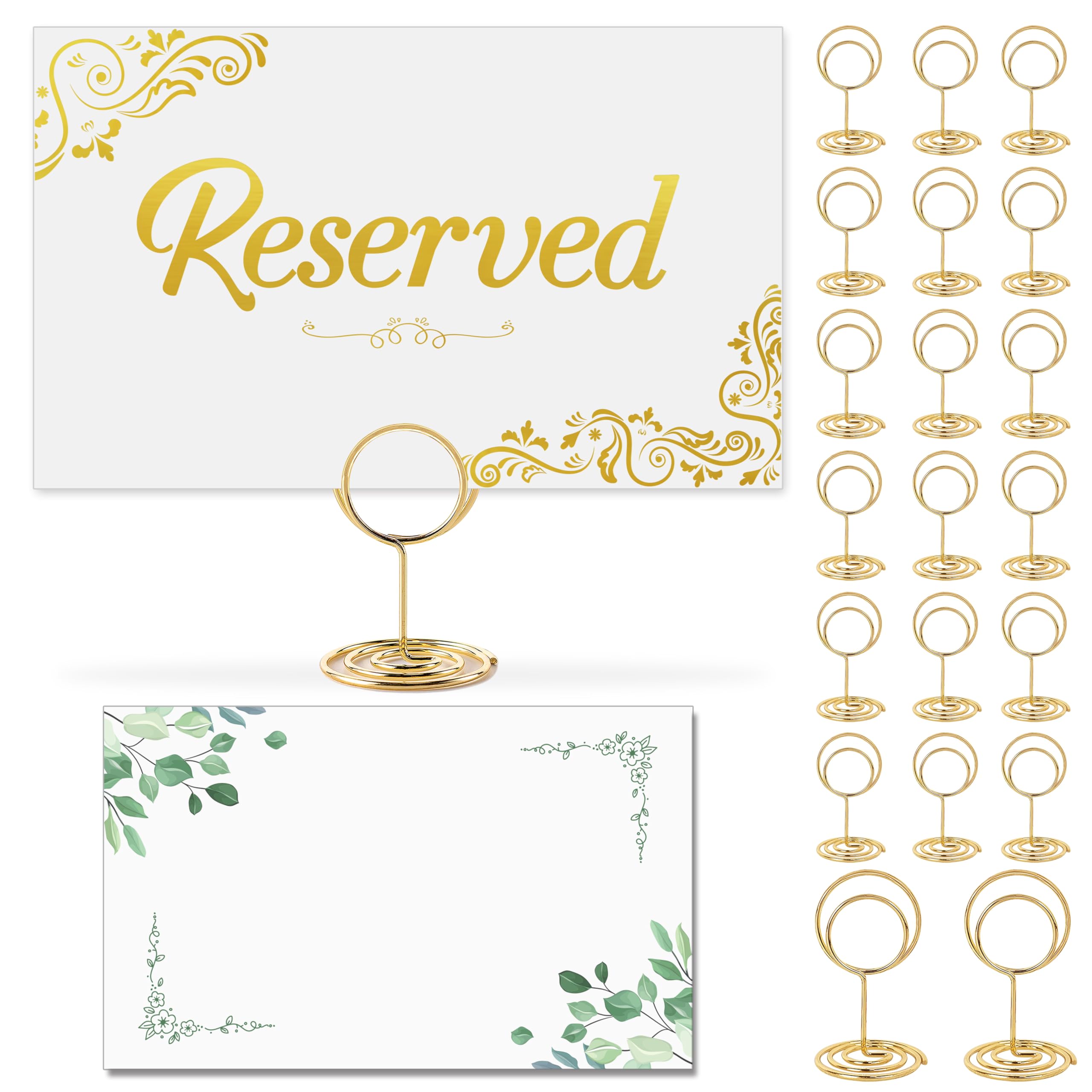 KAnduo 20 Pieces Double sided gold foil reserved card with bracket- Includes Free Green Leaf Blank Cards - Reserved Signs for Wedding, Chair and Table Signs, Reserved Seating Signs, White