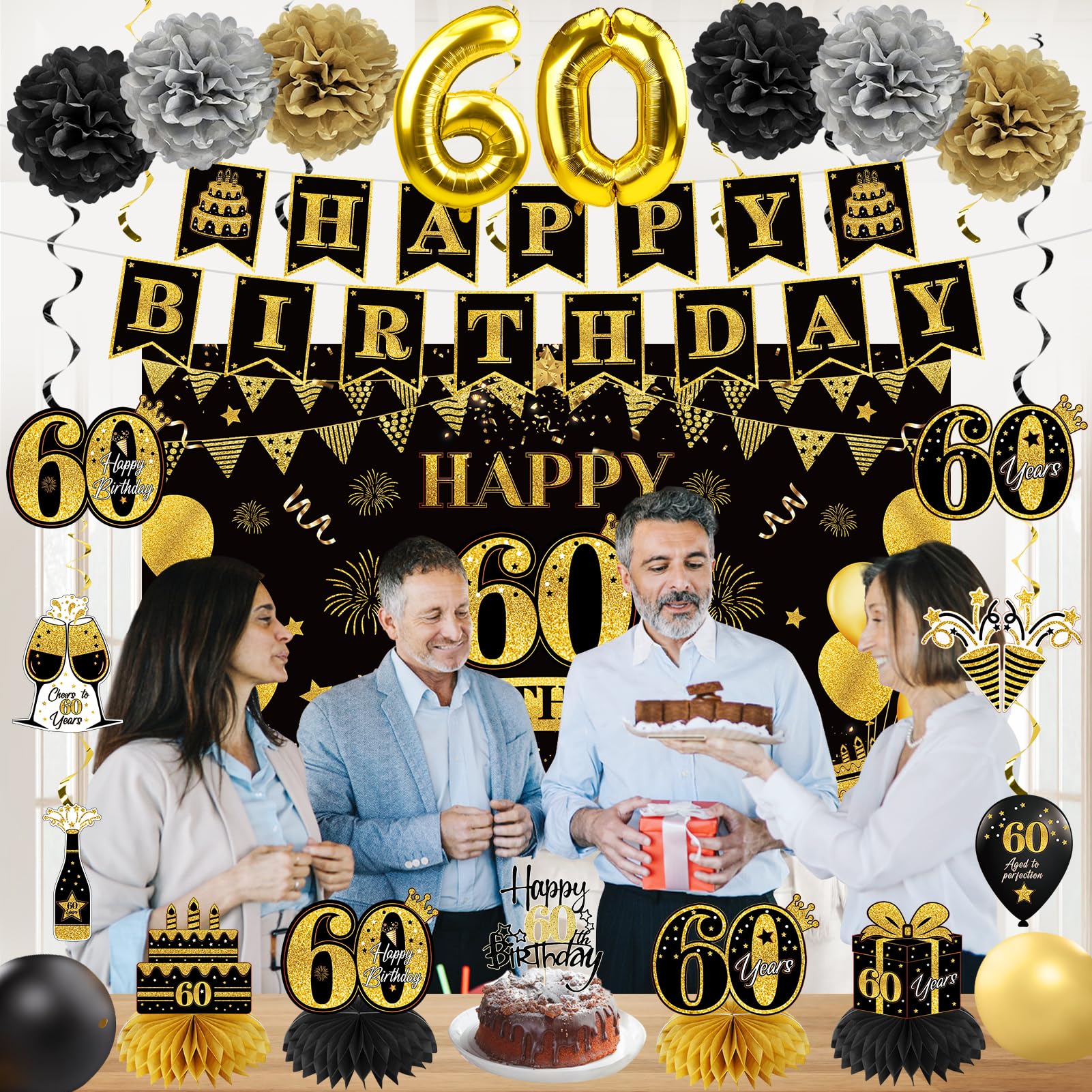 Eucutur 42PCS 60th Birthday Decoration Kit for Men Women, Black Gold Happy 60th Bday Banner Balloons Honeycomb Centerpiece Swirl Paper Pompoms Party Supplies, 60 Bday Sash Table Cake Topper Swirls Set