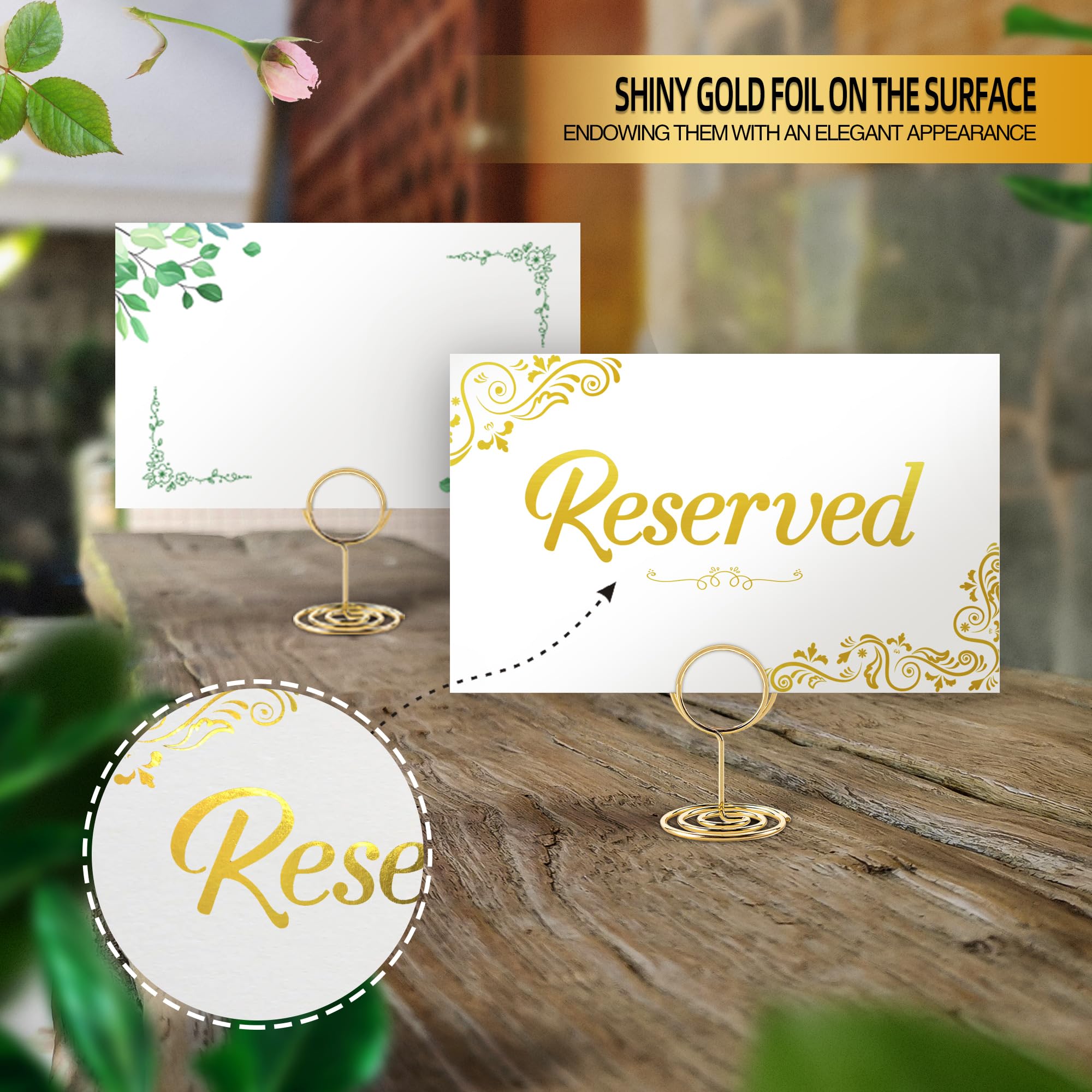 KAnduo 20 Pieces Double sided gold foil reserved card with bracket- Includes Free Green Leaf Blank Cards - Reserved Signs for Wedding, Chair and Table Signs, Reserved Seating Signs, White